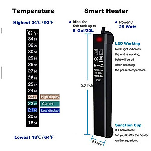ZEETOON 25W Aquarium Heater, Automatic Thermostat Betta Fish Tank Heaters, Tortoise Small Water Warmer for 2-5 Gallon Container with 1 Stick-on Thermometer Strip