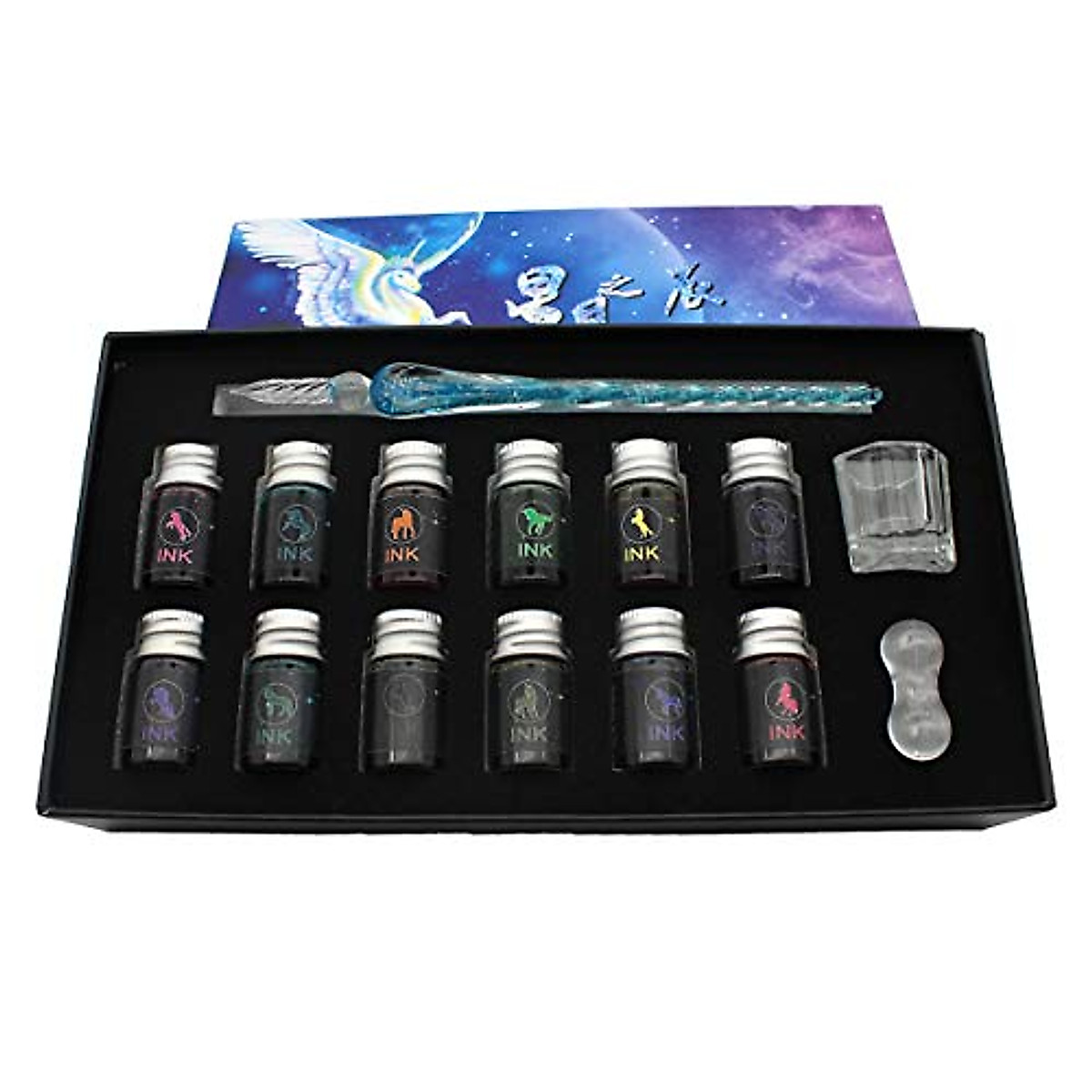 XIAOYU Luminous Glass Dip Pen Ink Set - Crystal Glass Dip Pen with 12 Colorful Inks for Art, Writing, Signatures, Calligraphy - Ice Blue