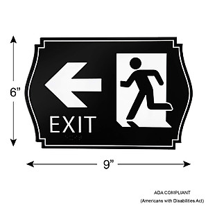KickFire Classics Exit Sign Braille - ADA Compliant Black and White Signage, Self-Adhesive Mounted - Tactile Emergency Route Board for Office, Business, Stairwell, Home and Restaurant - Arrow Left