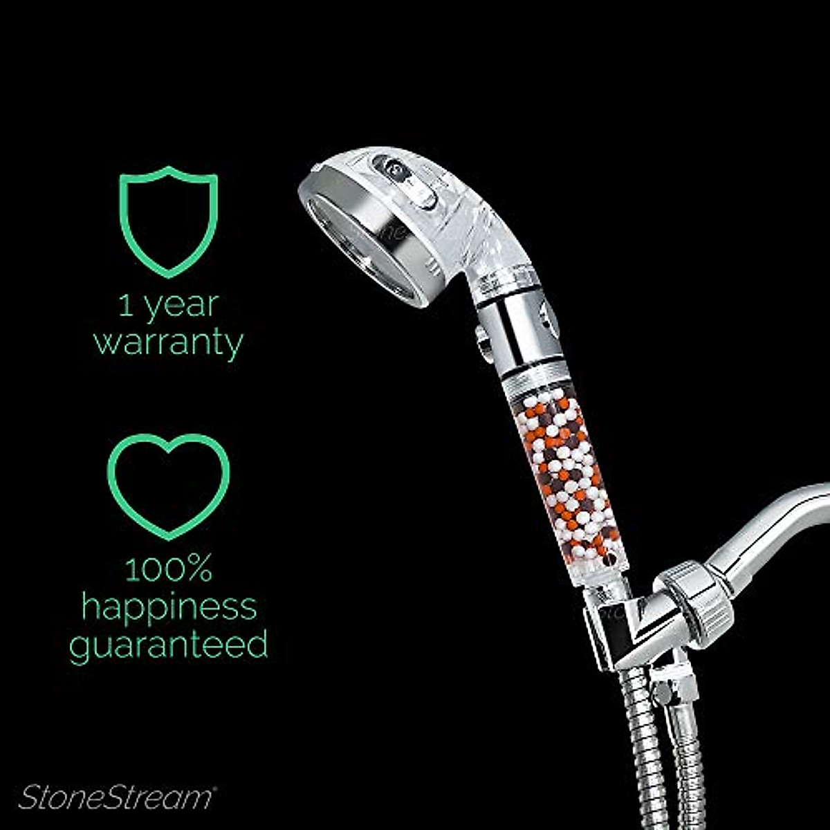 Original StoneStream EcoPower High Pressure Handheld Shower Head with ON OFF switch- 3 Spray Settings with Hose, Wall Adapter and Replacement Beads