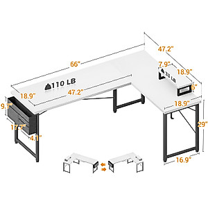 ODK L Shaped Desk, 66" Computer Corner Desk, Gaming Desk, Home Office Writing Desk with Monitor Shelf, Space-Saving Workstation Desk, Modern Simple Wooden Desk, Easy to Assemble, White