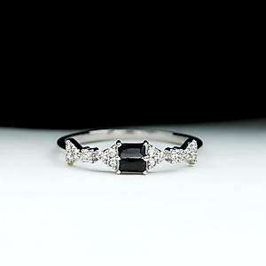 Baguette Black Onyx Promise Ring For Women, Natural Black Onyx Ring with Diamond, 14K White Gold, Size:US 10.00