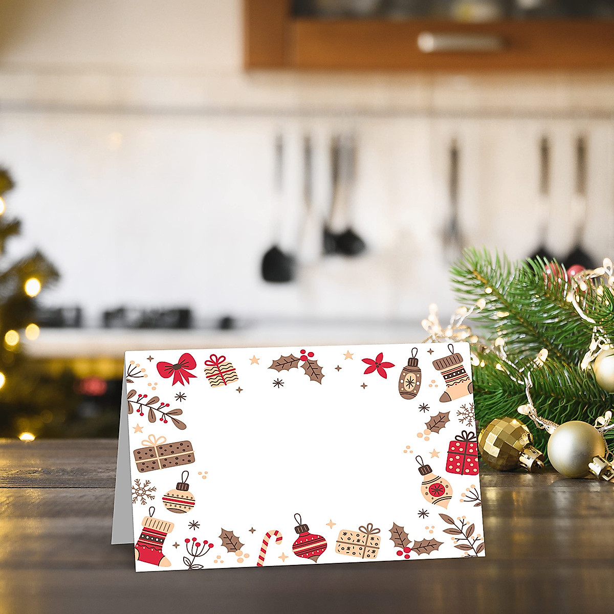 Christmas Table Place Cards, Xmas Blank Seating Place Card for Table, 25 Pack Buffet Food Tent Labels, Double Design Name Cards, Scored for Easy Folding, Christmas Party Decorations(05)