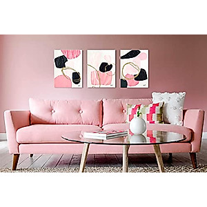 B BLINGBLING 3 Framed Pink Wall Decor: Blush Pink and Black Room Decor Black Pink Gray Gold White Abstract Canvas Art for Girls Bedroom Bathroom Office Living Room Home Decorations 12"x16"x3 Panels