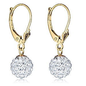 AVORA 10K Yellow Gold 8mm Swarovski Elements Crystal Dangle Ball Lever-back Drop Earrings