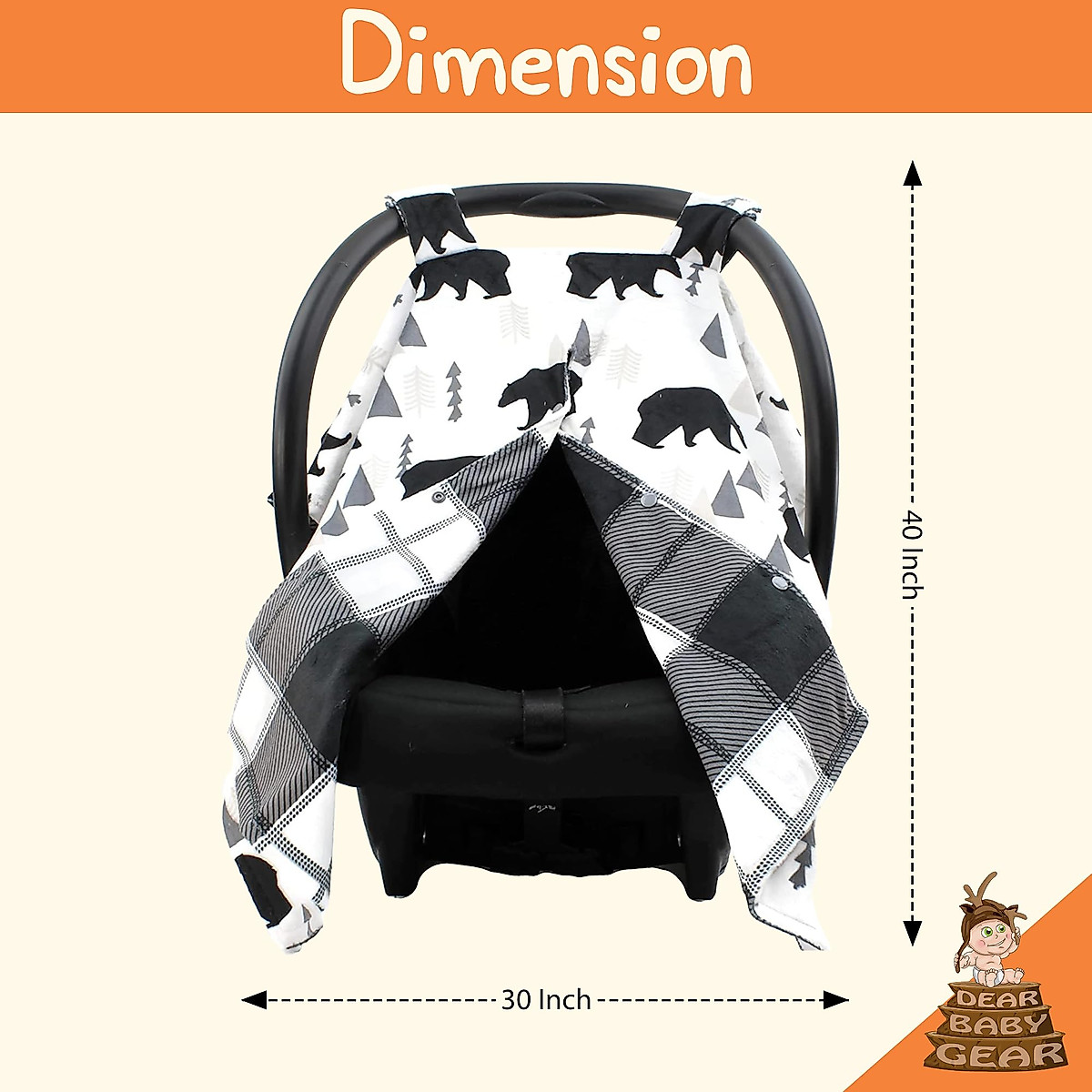 Dear Baby Gear - Infant Carseat Canopy and Winter Cover - Car Seat Cover for Girls & Boys - Doubles as Stroller Covers - Black Bears - Black and Grey - Plaid - 40" x 30"