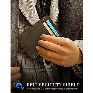 kinzd Slim Wallet with Money Clip RFID Blocking Minimalist Bifold Wallet for Men Genuine Leather Front Pocket Card Holder (AS137 - Crazy Horse Leather Dark Brown)