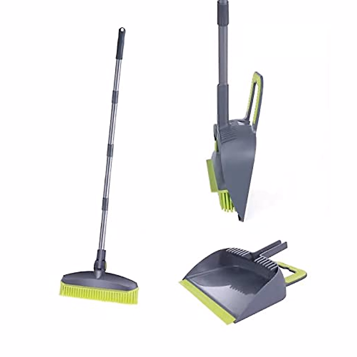 Adjustable Rubber Push Broom and Dustpan Set,Self Cleaning Indoor Outdoor Angle Brooms with Dust pan for Home,Long Handle Brooms for Floor Sweeping, Kids,Carpet Dog Cat Pets Household Brooms