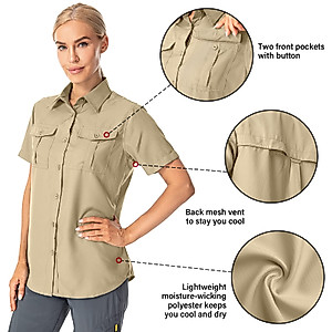Women's Button Down Shirts UPF 50+ Short Sleeve Sun Protection Shirts Stretch Quick Dry Shirt for Fishing, Hiking, Travel (5075,Khaki,L)