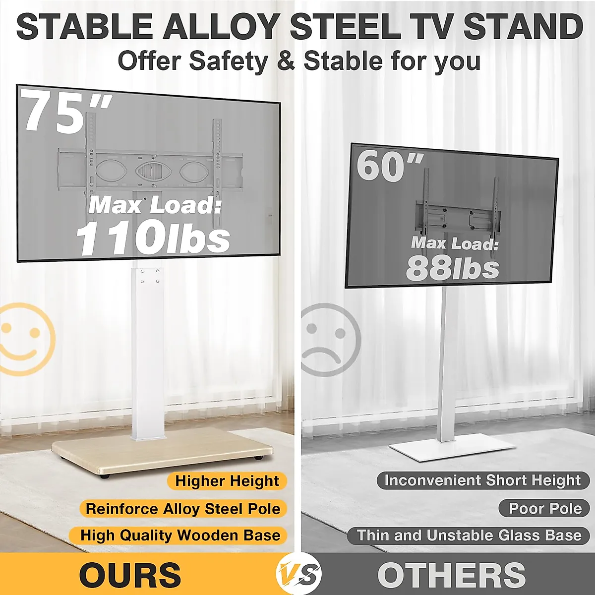 TV Floor Stand for 32-75 Inch Plasma LCD LED OLED Flat Panel or Curved Screen TVs, Swivel TV Stand Mount with Height Adjustment and Sturdy Wood Base, White