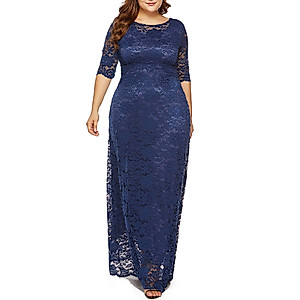 Eternatastic Womens Floral Lace 2/3 Sleeves Maxi Dress Evening Party Long Dress 4XL Deep Blue