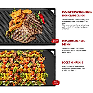 GGC Cast Iron Griddle, Reversible Flat Top Griddle for Gas Grills, Stove Tops, and Outdoor Cooking, 16.5 x 9.5 Baking Flat and Ribbed Griddle Plate for Family Cooking