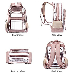 Heavy Duty Clear Backpack - 15L Large Transparent Bag with Adjustable Straps, Multiple Pockets & Compartments - Durable See-Through Plastic Clear Book Bag for School, Work, Travel - Rose Pink