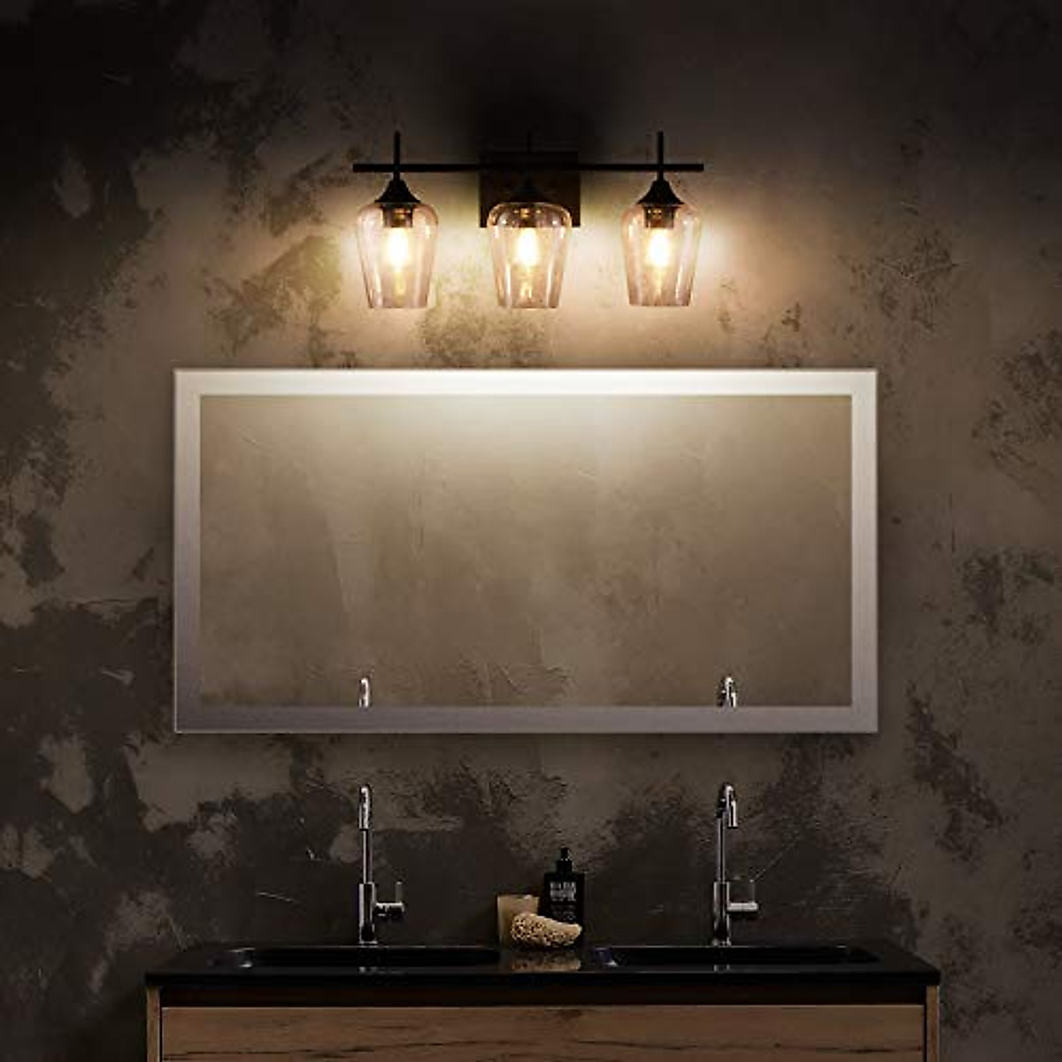 VONLUCE 3-Light Vanity Light in Matt Black Finish, Vintage Farmhouse Mirror Lights with Clear Glass Shade, Modern Industrial Wall Sconce for Bathroom, Bedroom, Hallway, Makeup Dressing Table