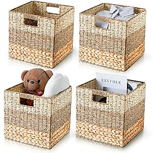 CHI AN HOME Wicker Storage Cubes, 12x12 Storage Cube Bins, Set of 4 Heavy Duty Hyacinth Storage Baskets for Shelves, Natural Foldable Square Baskets for IKEA Kallax, Large Woven Storage Basket, 4 Pack