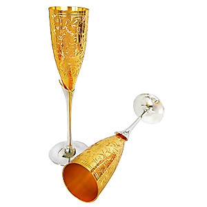 HYGGE Royal Handmade Engraved Gold-Plated Brass Champagne Toasting Flutes Set of 2 Wine Glasses Goblets for Wedding Christmas Housewarming Gifts Home Décor with Presentation Velvet Box