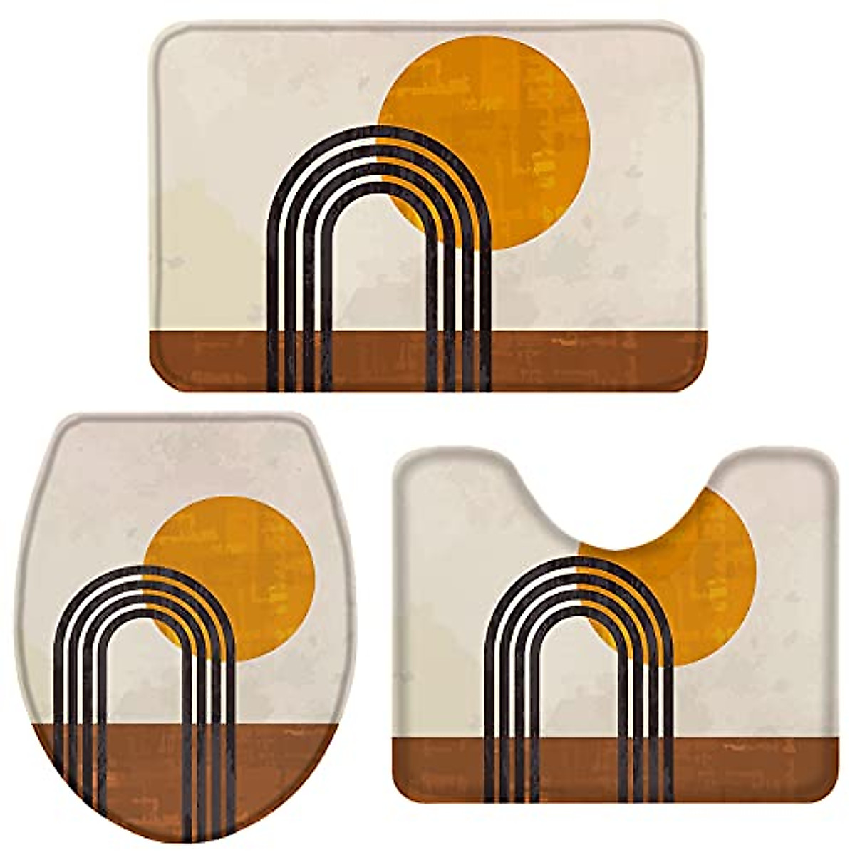 3 Piece Bath Rugs Sets Mid Century Abstract Modern Bathroom Mats Set Non Slip Water Absorbent U-Shaped Contour Toilet Mat Boho Minimalist Art Orange Sun Toilet Lid Cover