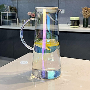 LWXPAIYY Glass Water Pitcher with Lid Spout 64oz,Iced Lemonade Juice Sangria Drink Pitchers with Handle for Fridge,Ice Tea Beverage Hot Water Borosilicate Glass Large Carafe(Iridescent)