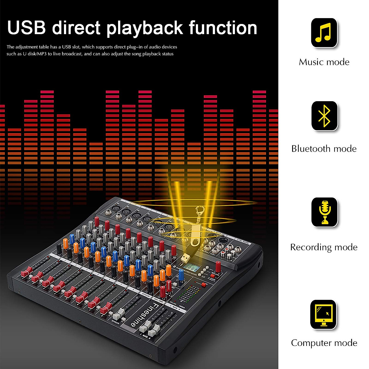 Fineshine 8/12/16 Channel Audio Mixer Sound Mixing Console with Bluetooth USB,PC Recording Input, XLR Microphone Jack, 48V Power, RCA Input/Output for Professional and Beginners (12 channel)