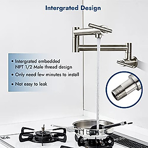 Cinwiny Brushed Nickel Pot Filler Wall Mount Kitchen Restaurant Sink Faucet Stainless Steel Stretchable Commercial Faucet with Folding Double Joint Swing Arm Single Hole Two Handles