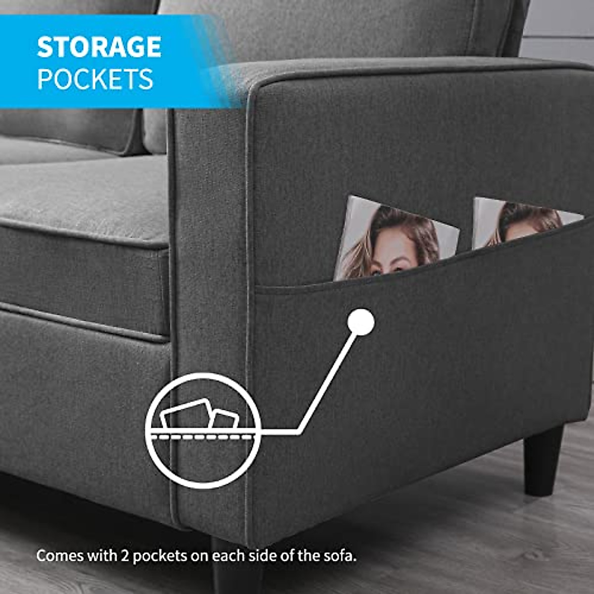 Horgaeo Convertible Sectional Sofa Couch, 3-Seat L-Shaped Couch with Storage Ottoman, Wooden Legs Modern Linen Fabric Reversible Chaise for Living Room, Bedroom, Apartment (Dark Grey) 78''