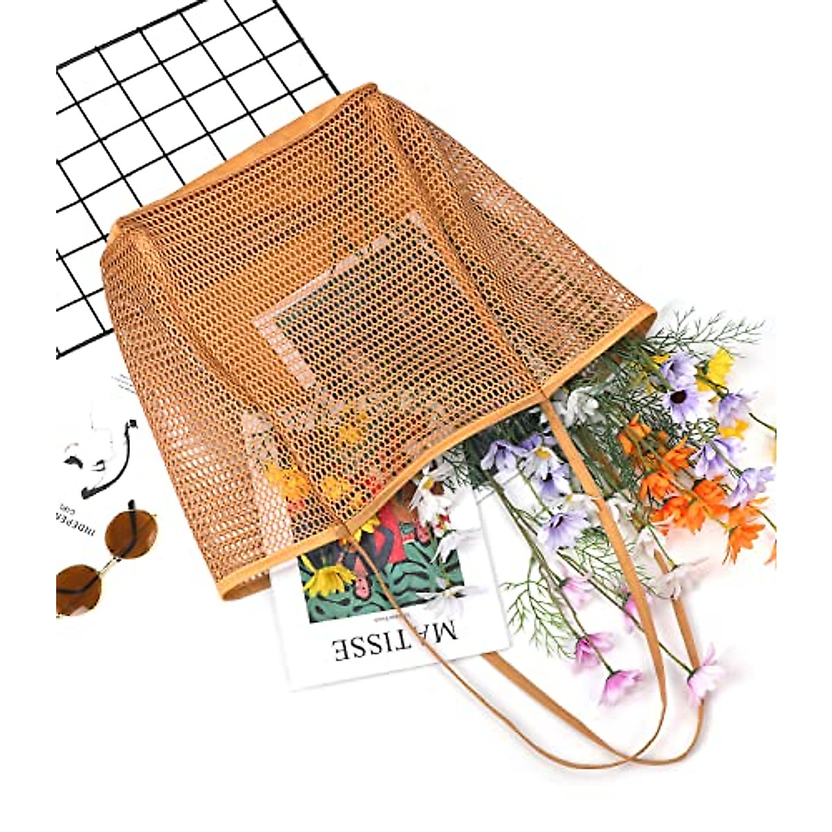 hatisan Beach Bag Mesh Tote Bag,Upgrade Beach Tote with Phone Pouch Women Mesh Bag Shoulder Bag for Beach Travel Vacation (Kakhi)