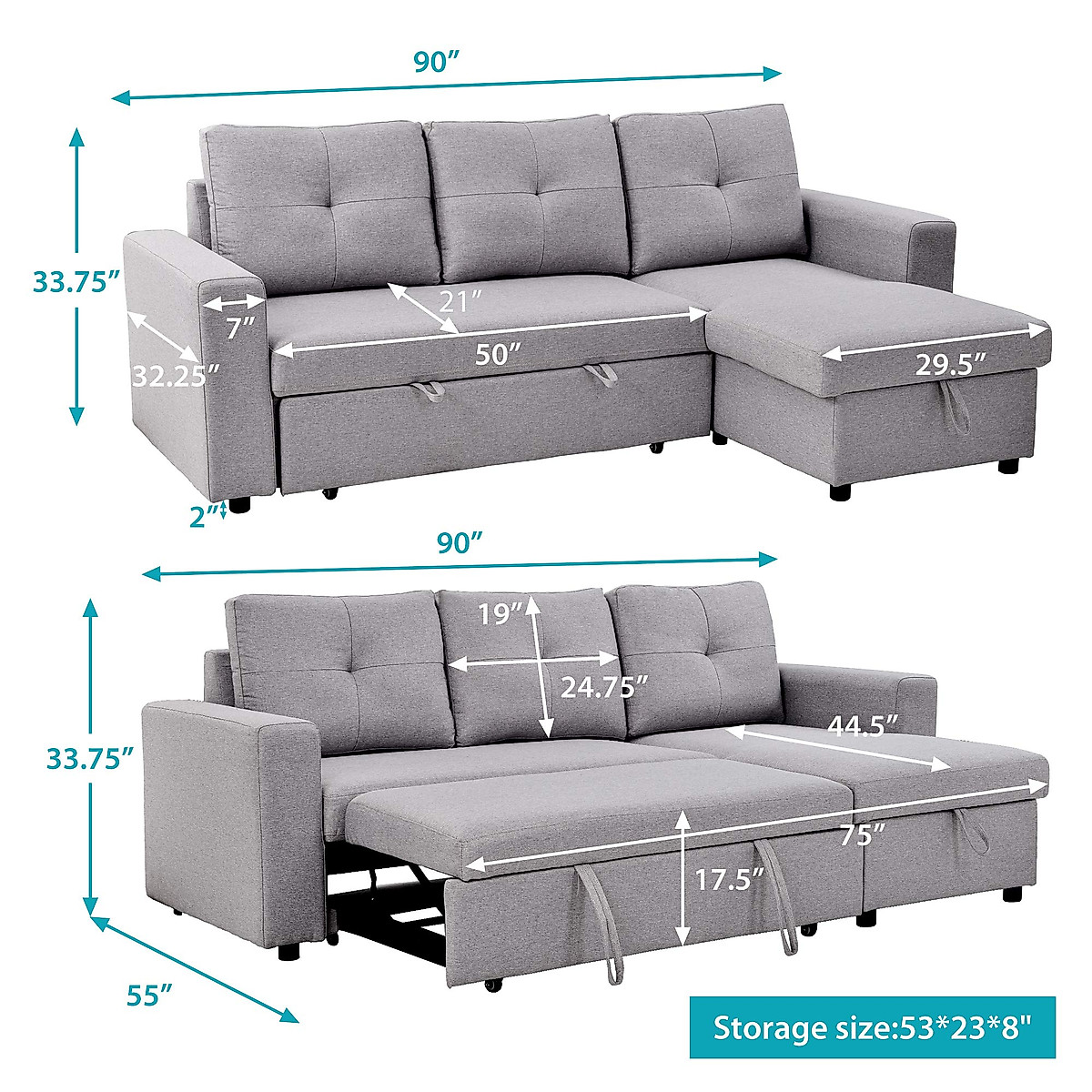 Longrune Reversible Sectional Sofa Bed with Pull Out Sleeper, Corner Storage Chaise Couch for Living Room & Apartment, L-Shaped, 90inch, Gray