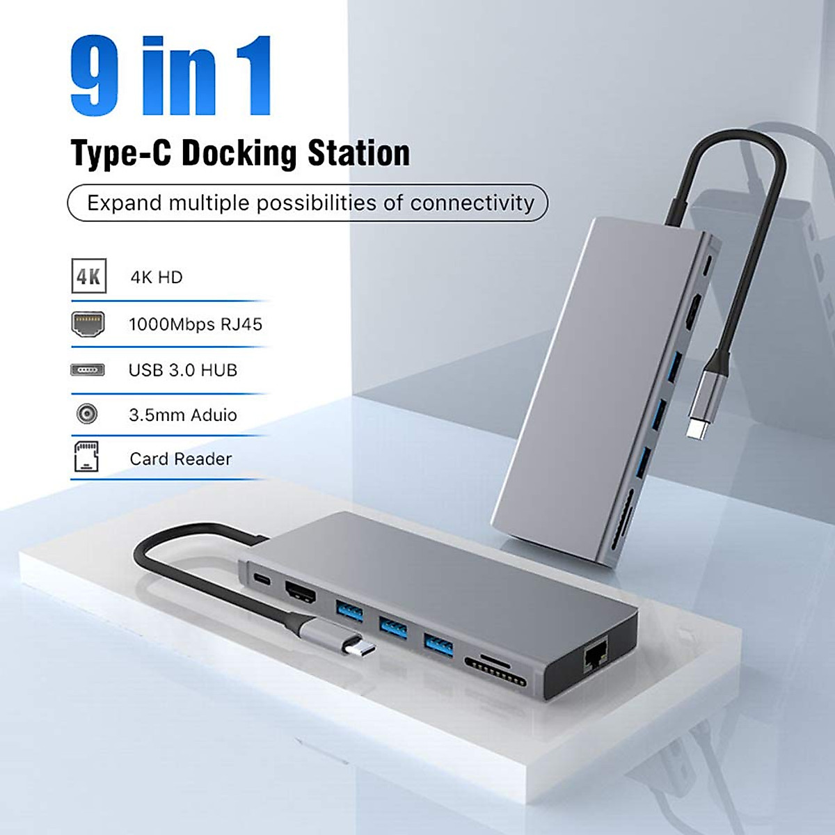 HRYHY USB C Hub, 9-in-1 USB C Adapter with 4K USB C to HDMI,USB C Charging, VGA, 2 USB 3.0, SD/TF Card Reader,Gigabit Ethernet, Compatible for MacBook Pro, XPS More Type C Devices