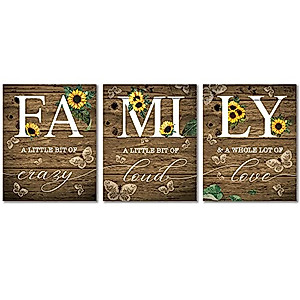 SUUURA-OO Family Sunflower Butterfly Poster Wall Decor, Inspirational Family a Little Bit of Crazy Loud Love Rustic Wood Sign Wall Art for Living Room Set of 3 (8”x10“) Prints Poster for Home Office Wedding Kitchen Unframed