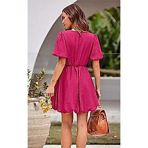PRETTYGARDEN Women's Summer Puff Sleeve Short Mini Dress Flowy Ruffle V Neck A Line Wrap Dresses (Rose Red,Small)