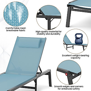 WOAJN Aluminum Patio Chaise Lounge Chair Set of 2,5-Position Adjustable Backrest,Foldable Lounge Chair Outdoor,Pool Lounge Chairs for Poolside,Lawn,Deck,Beach,Blue