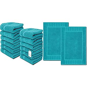 White Classic Luxury Cotton Washcloths | 12 Pack Luxury Bath Mat | 2 Pack Bundle (Aqua)