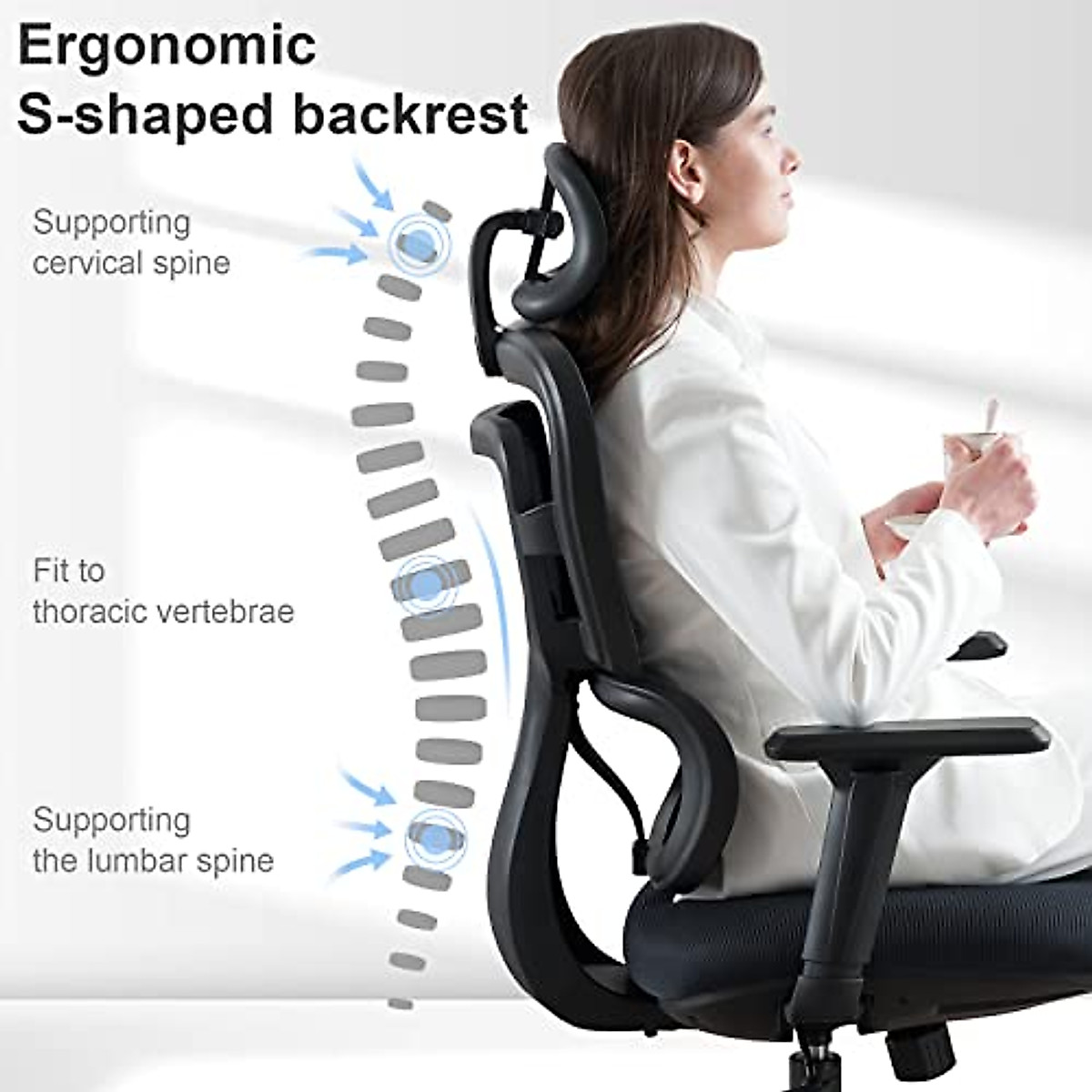 Ergonomic Office Chair - Mesh Office Chair High Back, Rolling Desk Chair, Executive Swivel Chair, Computer Chair with 3D Adjustable Armrest, 3D Lumbar Support, Blade Wheels, Adjustable Headrest