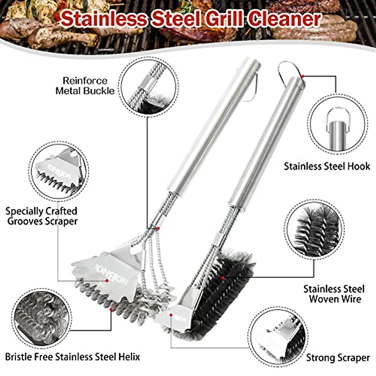Grill Brush for Outdoor Grill, NOBNOI 2 in 1 Stainless BBQ Grill Brush Kit, Safe Bristle Free Brush with Scraper, BBQ Accessories with Replaceable Heads, Grill Cleaning Kit for All Grill Grates