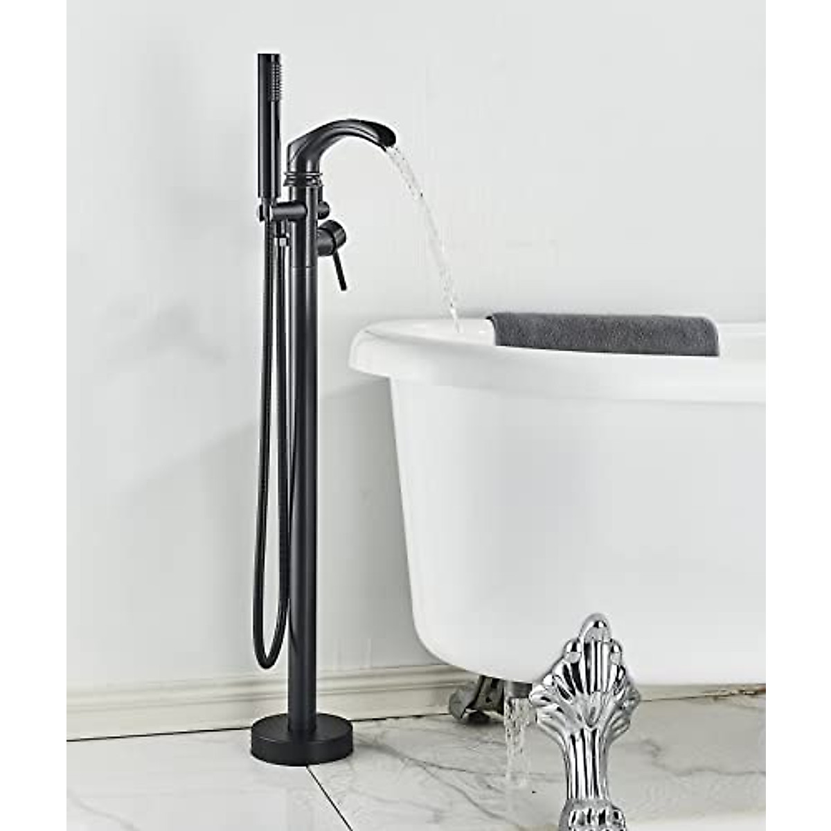 Votamuta Modern Dual Function Floor Mount Tub Filler Freestanding Bathtub Faucet Oil Rubbed Bronze Waterfall High Flow Standing Tub Faucets With Hand Shower Head Mixer Taps