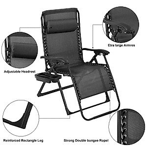 Outdoor Oversized Zero Gravity Chair, XL Adjustable Patio Lounge Recliner Chair with Lumbar Support and Pillow, Folding Recliner for Backyard, Beach, Lawn Pool Deck Camping with Cup Holder, Black