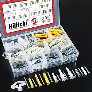 Hilitchi 212-Pcs [11-Sizes] Plastic Drywall and Hollow-Wall Anchor with Screws Assortment Kit, Wall Anchor Hooks Toggle Set