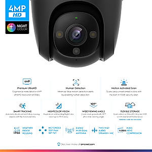 Amcrest 4MP Outdoor PT WiFi IP Camera Pan Zoom (Digital 16x) SmartHome WiFi Camera Security Speed Dome, Motorized Tilt, 98ft Nightcolor, (2.4Ghz), 107º FOV, IP66, 4MP, ASH47-W