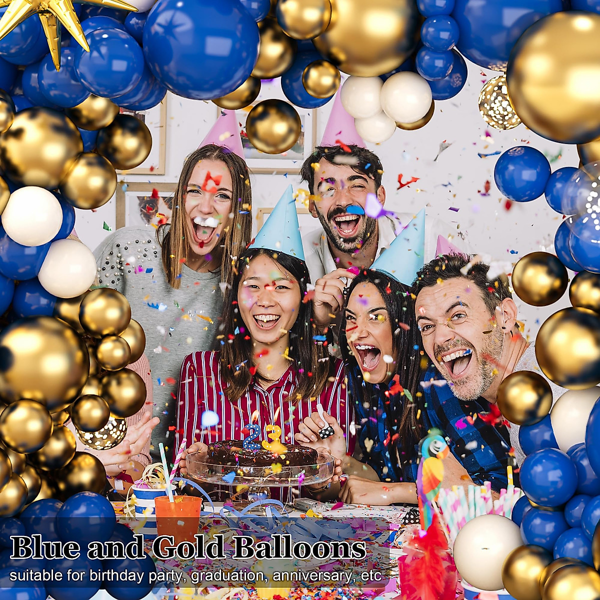PARTYNOW 144Pcs Royal Blue and Gold Balloons Garland Arch Kit with Explosion Star Balloons 5/10/12/18in Blue White Gold Balloons for 2024 Graduation New Year Wedding Birthday Party Decorations