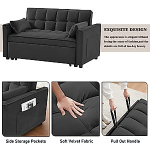 Lin-Utrend 55''Convertible Sleeper Sofa Couch with Adjustable Backrest, Modern Velvet 2 Seater Sofa with Pull-Out Bed with 2 Pillows, Small Love Seat Lounge Sofa Bed for Small Space (Black)