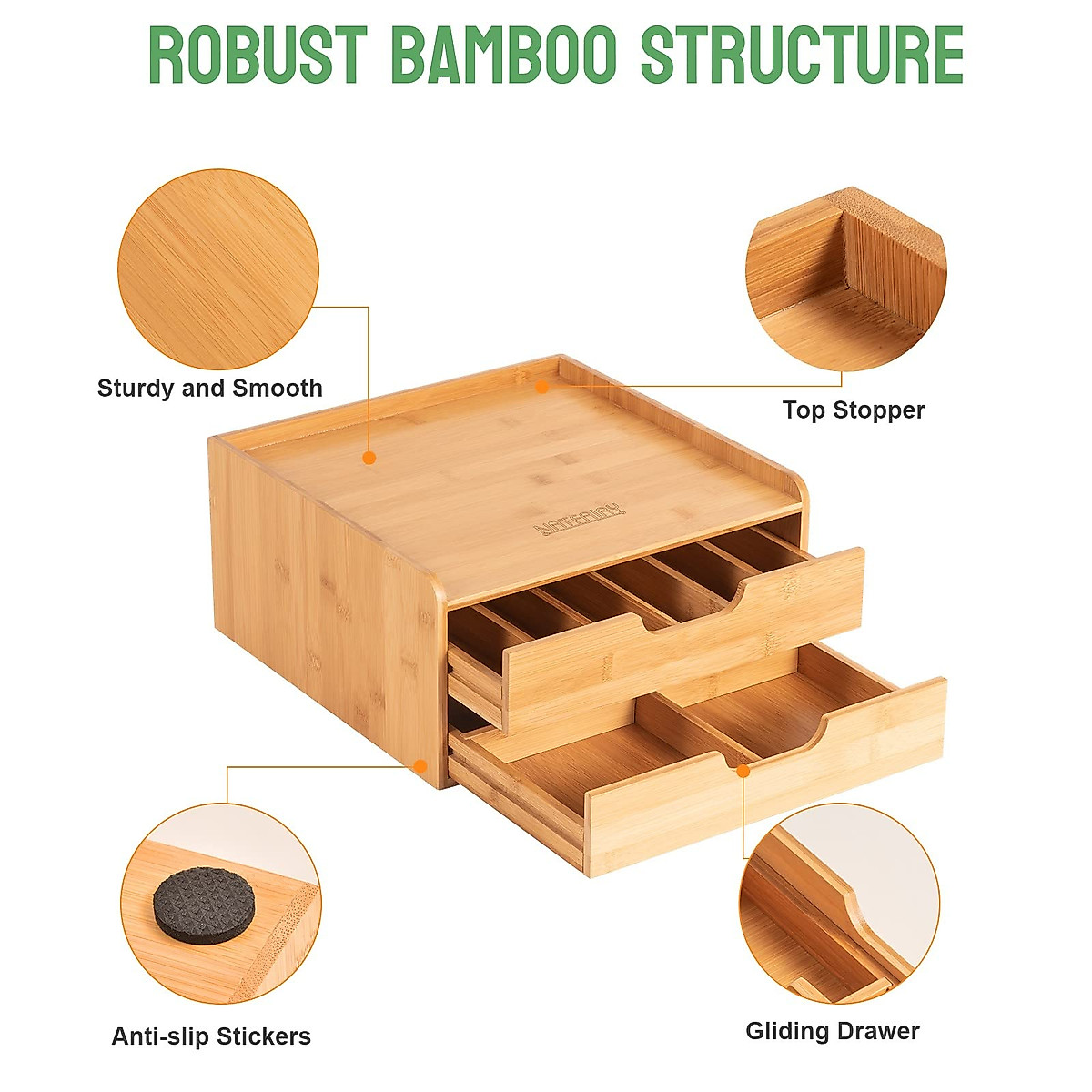 Bamboo Coffee Pods Holder Storage Compatible with Keurig K Cup Espresso Pods Tea Bag Organizer Drawer with Lip Panel for Kitchen Office Coffee Bar