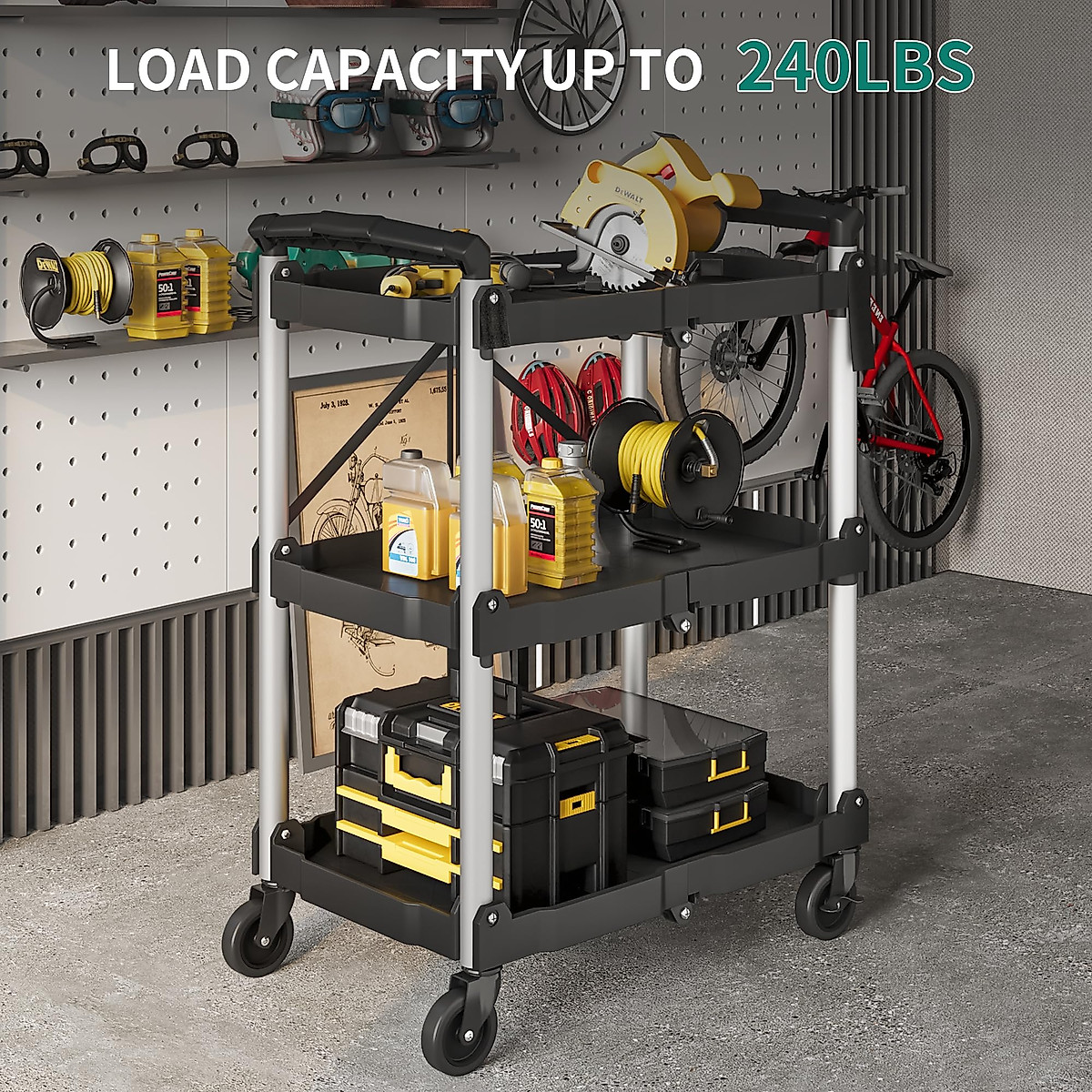 YITAHOME Folding Utility Service Cart, 240LBS 3 Tier Foldable Cart with Wheels Collapsible Cart on Wheels with 360°Swivel Wheels (2 with Brakes), Portable Cart for Home Garage Restaurant Office