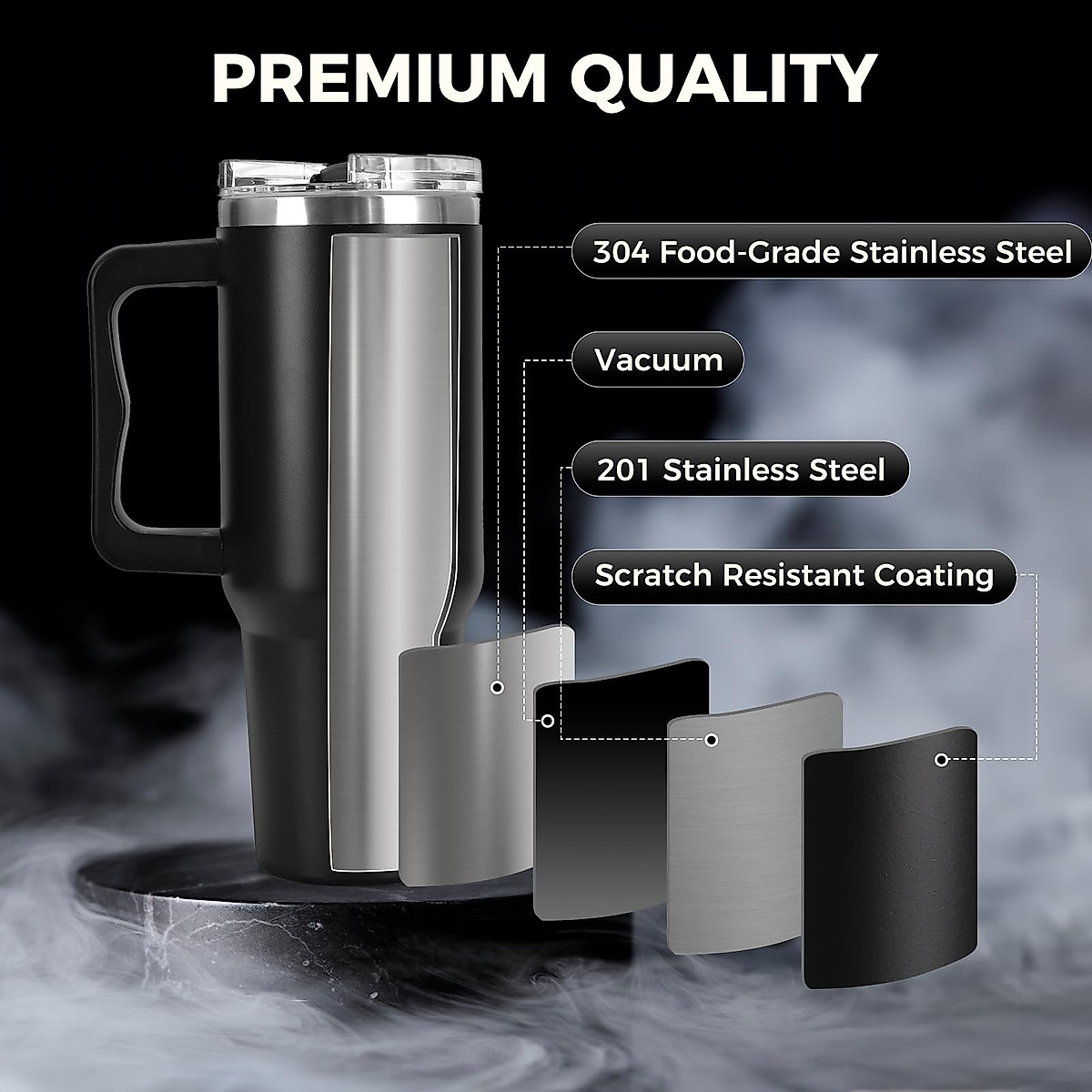 LATTPLYN 40 oz Tumbler with Handle and Straw Lid Insulated Cup Stainless Steel Water Bottle Travel Mug Gifts for Women Men Kids Trek Collection Black-1 Pc