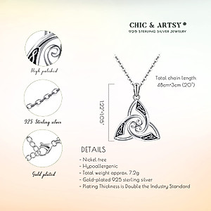 CHIC & ARTSY Triskele Necklace 925 Sterling Silver Trinity Celtic Triskele Pendant Necklace Ireland Oxidized Triple Spiral Celtic Necklace For Women Cable Chain 18"- 20"