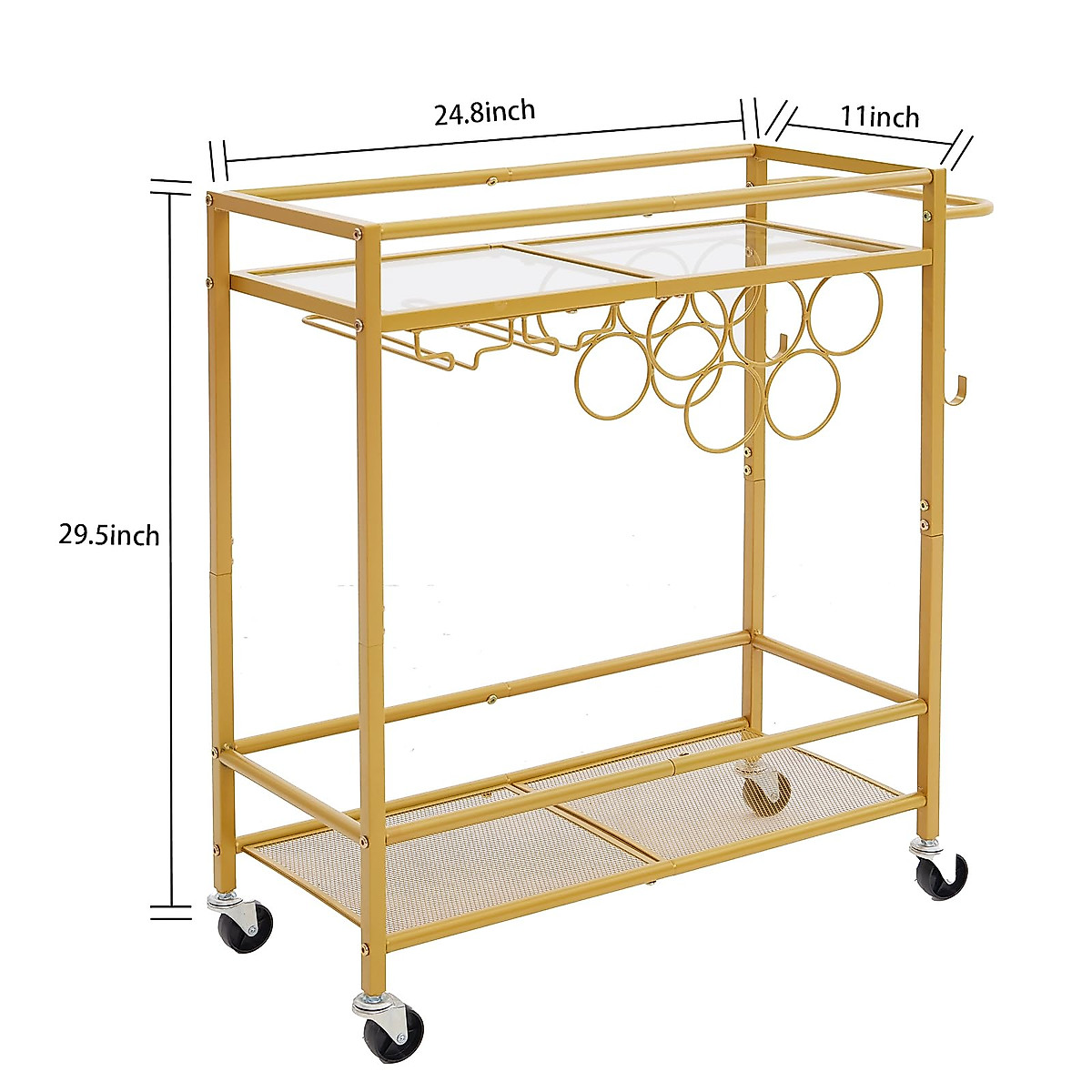 Bar Cart, 2-Tier Kitchen Cart with Wine Rack and Glass Holder, Gold Serving Cart with Wine Rack and Glass Holder, Rolling Serving Cart for Kitchen, Dining Room, Club, Bar, Living Room, Party, Gold