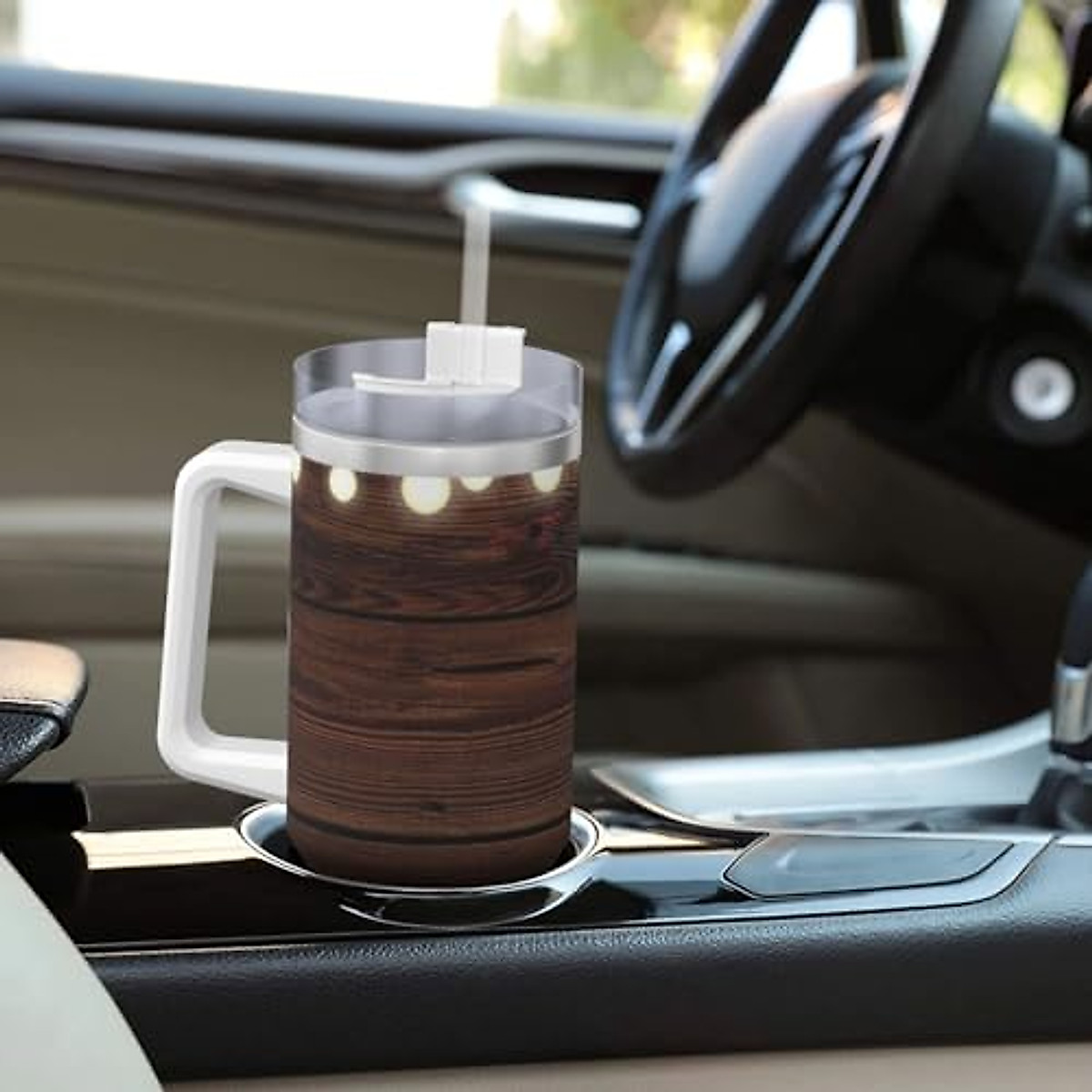 Xiexide 40oz Fits Cup Holder Travel Rustic Western Country Brown Lace Floral Wood Double Walled Vacuum Insulatedith Handle And Straw,Hot & Cold Drinks
