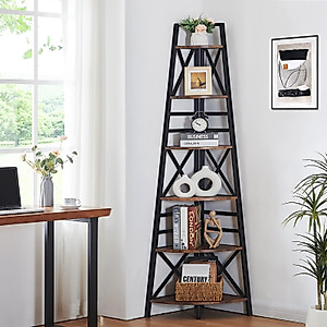 HOMBAZAAR Corner Shelf, 72 Inch Industrial Corner Bookshelf, 6 Tier Tall Corner Ladder Shelf with Metal Frames, Rustic Corner Shelf Stand for Living Room, Bedroom, Office, Rustic Brown