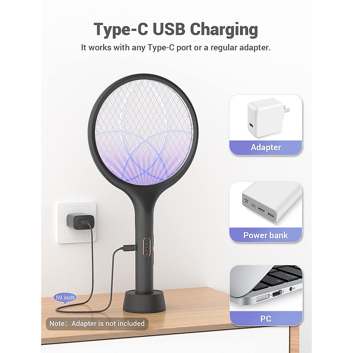 YISSVIC Electric Fly Swatter 4000V Bug Zapper Racket Dual Modes Mosquito Killer with Purple Mosquito Light Rechargeable for Indoor Home Office Backyard Patio Camping