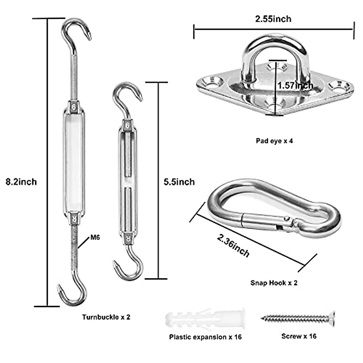 S.yeoo Sun Shade Sail Hardware Kit, Heavy Duty 316 Stainless Steel for Rectangle Shade Sails Installation, Rectangular Square Shade sail for Outdoor Terrace Lawn Garden (Rectangle-6M-1 Set)
