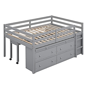 VilroCaz Full Size Low Loft Bed with Retractable Writing Desk and 4 Drawers, Multiple Functions Wooden Loft Bed Frame with Storage Shelves for Kids Teens Boys Girls, Sturdy Slats Support (Grey-AFULL)